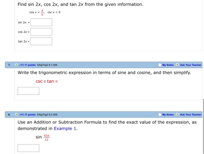 Solved Find sin 2x, cos 2x, and tan 2x from the given | Chegg.com