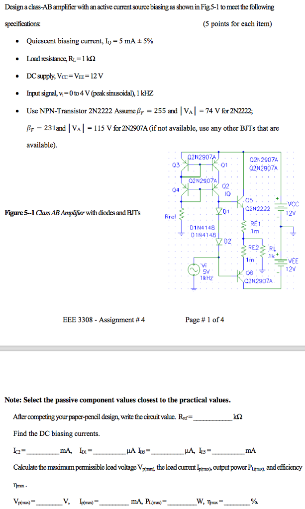 Design a class-AB amplifier with an active current | Chegg.com