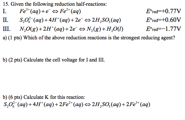Solved Given the following reduction half-reactions: I. | Chegg.com