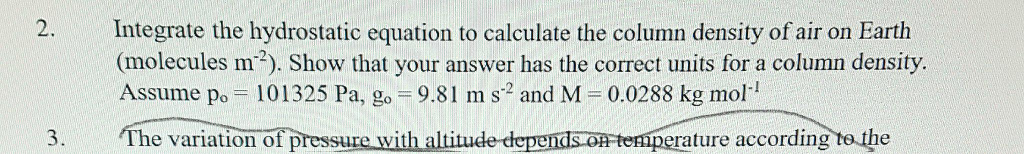 Solved 2. Integrate the hydrostatic equation to calculate | Chegg.com