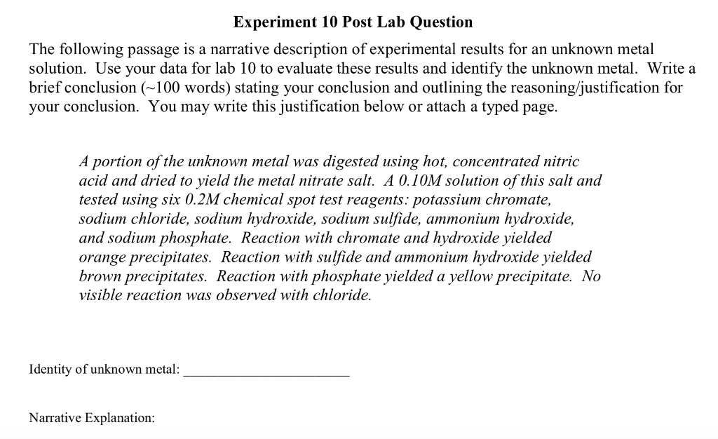Solved Experiment 10 Post Lab Question The following passage | Chegg.com