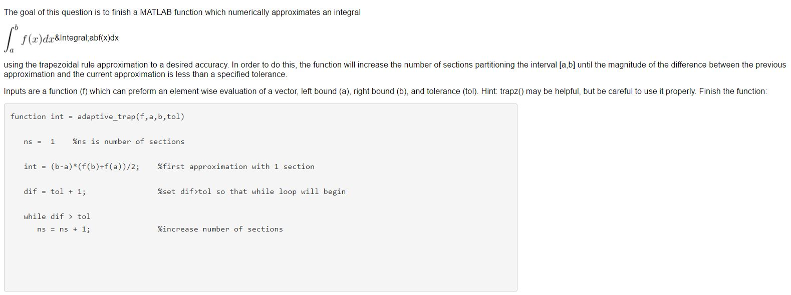 Solved The goal of this question is to finish a MATLAB | Chegg.com