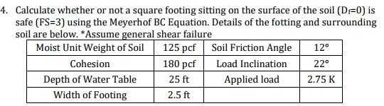 Solved 4. Calculate whether or not a square footing sitting | Chegg.com