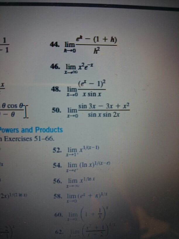 Solved e - (I h) 44. lim 46. lim e (e 1) x. 48. lim θ cos | Chegg.com