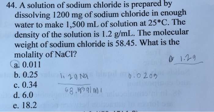 Solved A solution of sodium chloride is prepared by | Chegg.com