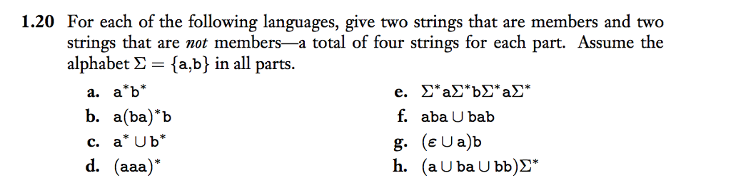 Solved For each of the following languages, give two strings | Chegg.com