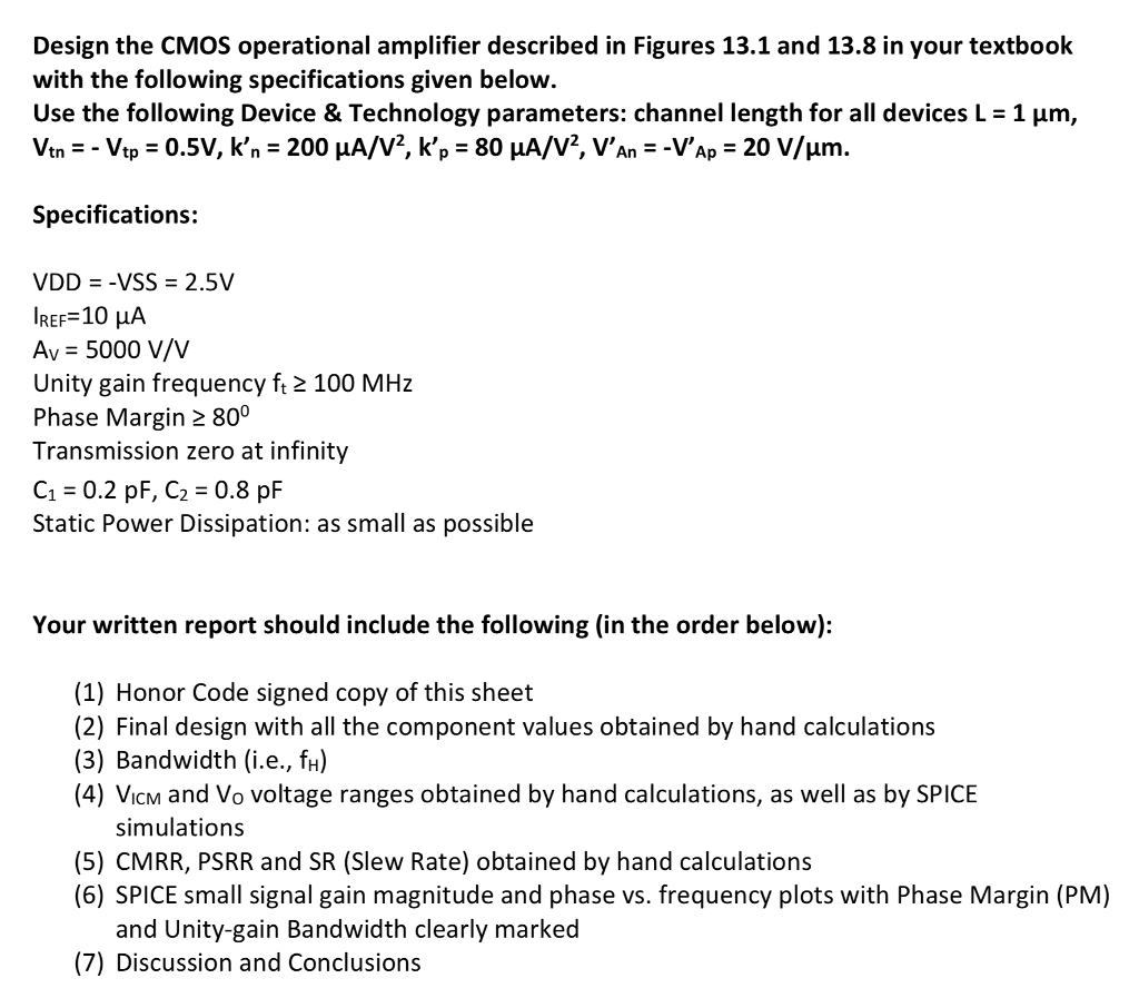 Design the CMOS operational amplifier described in | Chegg.com