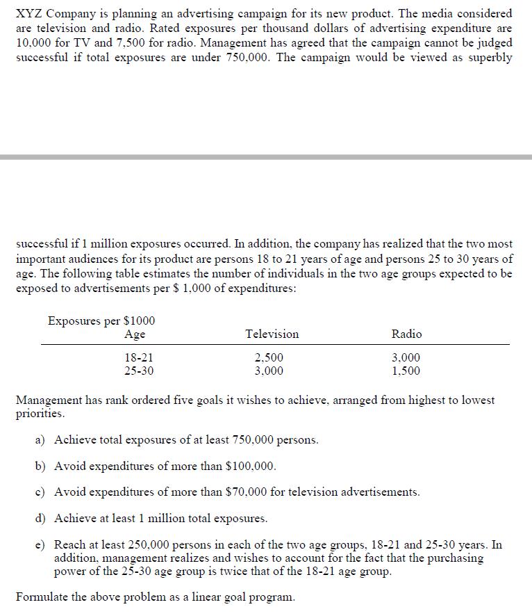 Solved XYZ Company is planning an advertising campaign for | Chegg.com