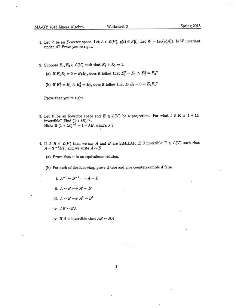 Solved MA GY 7043 Linear Algebra Worksheet 3 Spring 2018 1 Chegg Solved MA GY 7043 Linear Algebra Worksheet 3 Spring 2018 1 Chegg