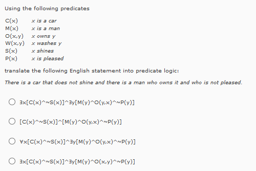 Solved using the following predicates C(x) x is a car M(x) x | Chegg.com