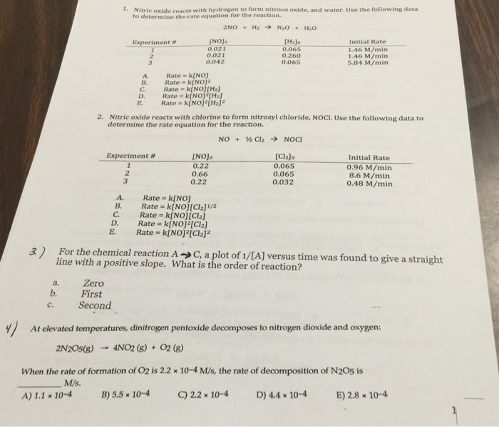 Solved Nitric Oxide Reacts With Hydrogen To Form Nitrous 7341