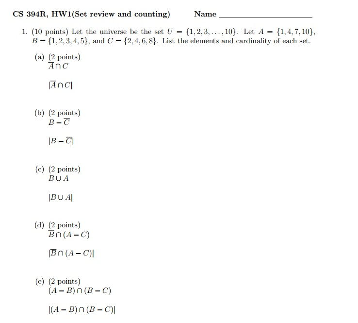 Solved Let the universe be the set U = {1, 2, 3, , 10}. Let | Chegg.com