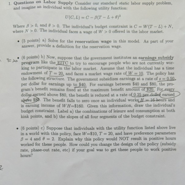 Solved 1. Questions on Labor Supply Consider our standard | Chegg.com