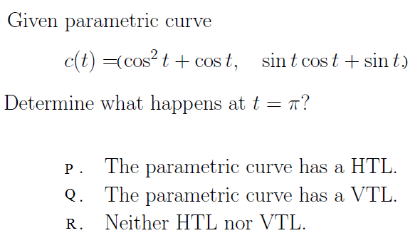 Given parametric curve c(t)?0s2 t + cos t, sin t cos | Chegg.com