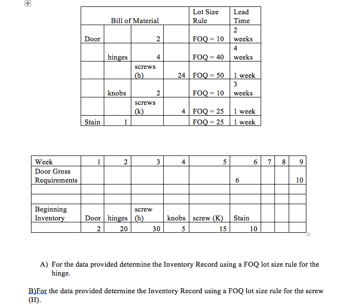 Solved Lot Size Lead Rule Time FOO- 10 weeks FOO 40 weeks 24 | Chegg.com