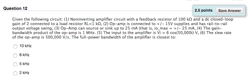 Solved Given the following circuit: Noninverting amplifier | Chegg.com