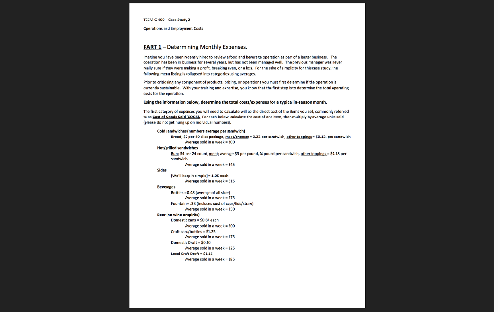 Solved TCEMG 499- Case Study 2 Operations and Employment | Chegg.com