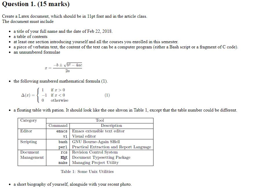 Solved Question 1. (15 marks) Create a Latex document, which | Chegg.com