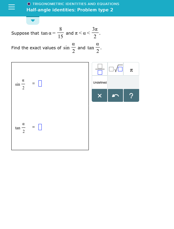 Solved Suppose that tan alpha = 8/15 and pi