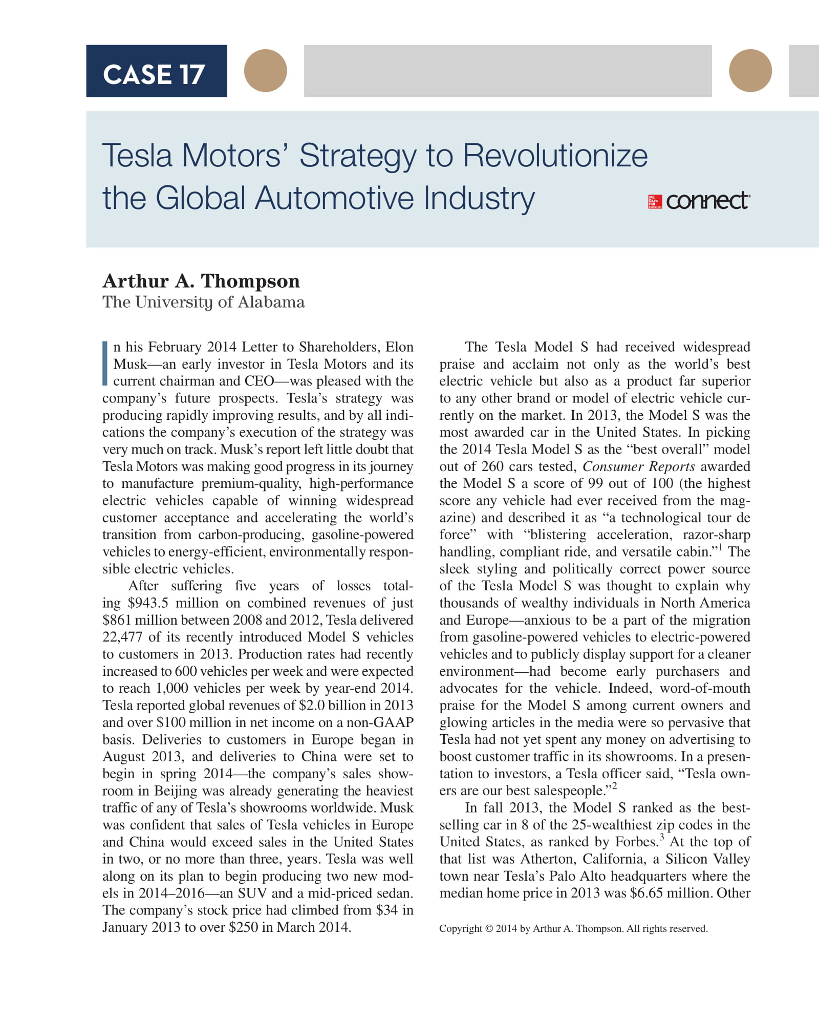 Solved CASE 17 Tesla Motors' Strategy to Revolutionize the | Chegg.com