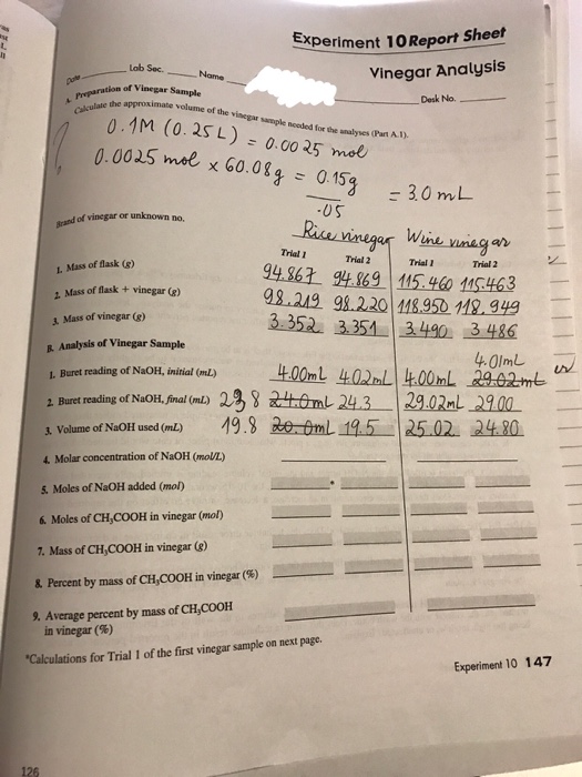 Solved Calculate the approximate volume of the vinegar | Chegg.com