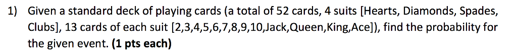 Solved 1) Given a standard deck of playing cards (a total of | Chegg.com