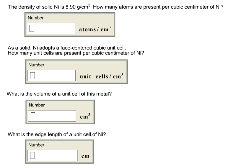 Solved The density of solid Ni is 8.90 g/cm3. How many atoms | Chegg.com