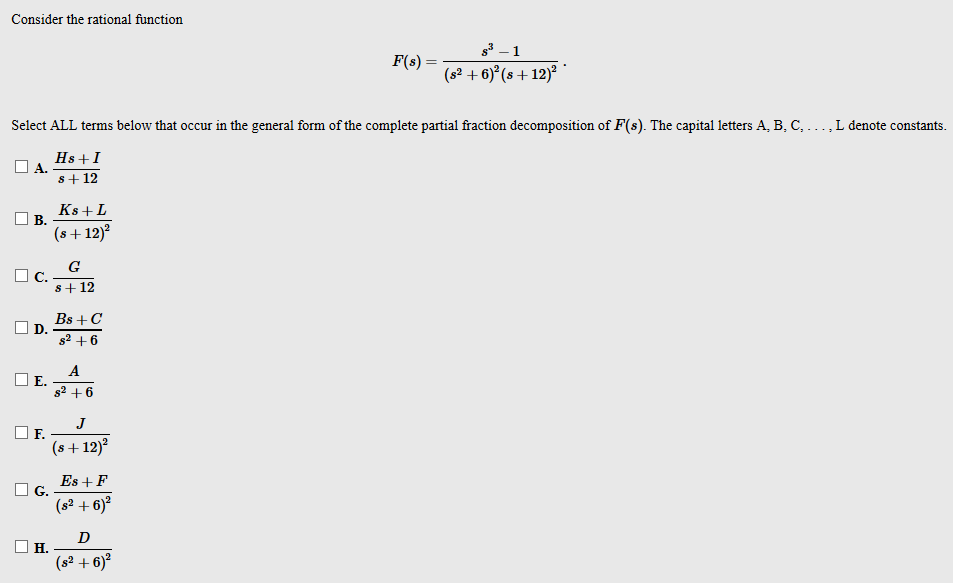 Solved Consider the rational function F(s) (s2 +6) (s 12) | Chegg.com
