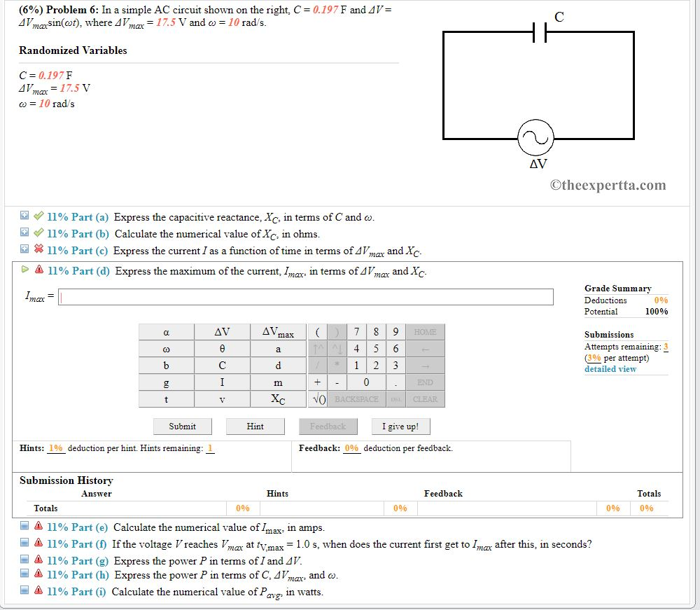 Solved (6%) Problem 6: In a simple AC circuit shown on the | Chegg.com