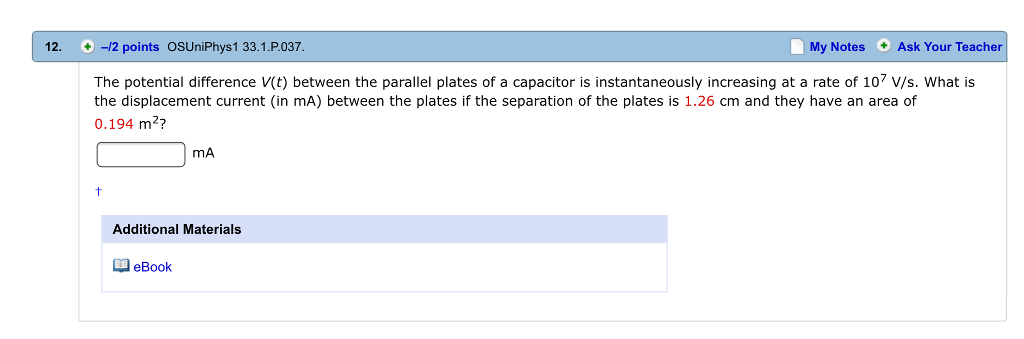 Solved 12. -12 points OSUniPhys1 33.1.P.037 My Notes Ask | Chegg.com Solved 12. -12 points OSUniPhys1 33.1.P.037 My Notes Ask | Chegg.com