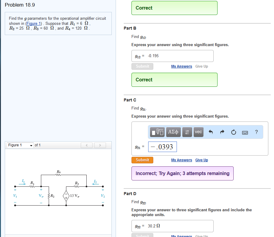 Solved Find the g parameters for the operational amplifier | Chegg.com