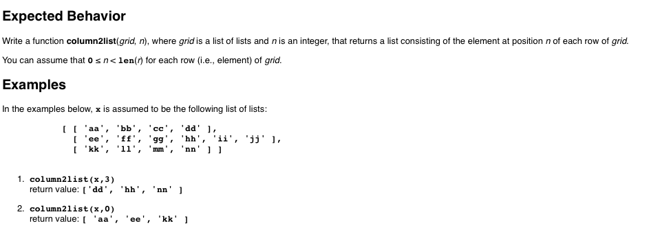 Solved Expected Behavior Write a function column2list(grid, | Chegg.com