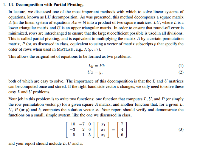 1. LU Decomposition with Partial Pivoting. In | Chegg.com