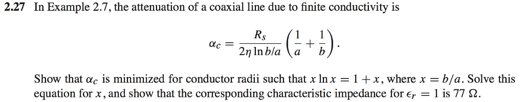 2.27 In Example 2.7, the attenuation of a coaxial | Chegg.com