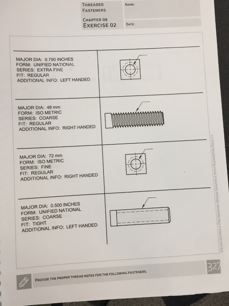 Solved THREADED FASTENERS NAME: CHAPTER o8 EXERCISE 02 DATE | Chegg.com