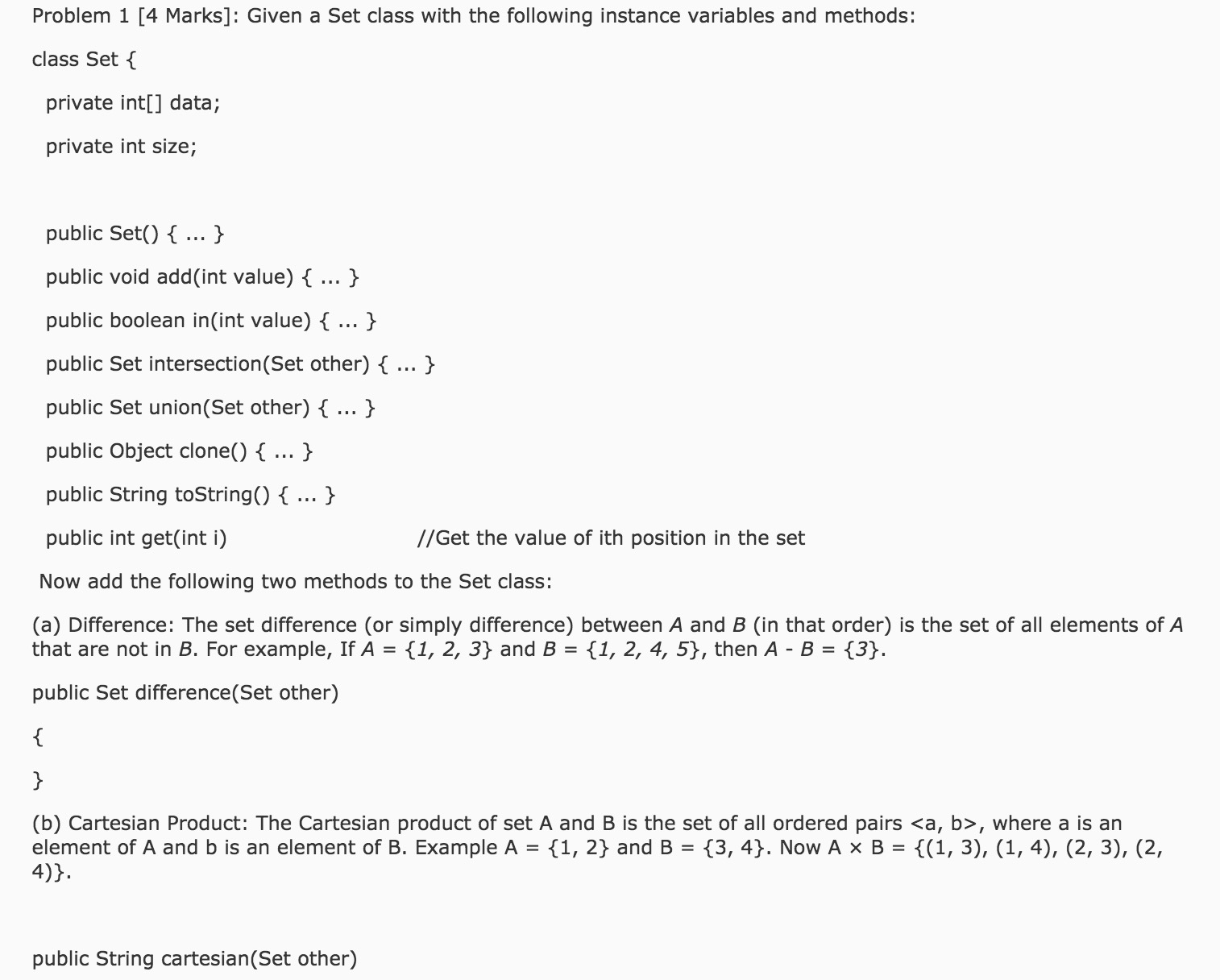 Solved Given a Set class with the following instance | Chegg.com