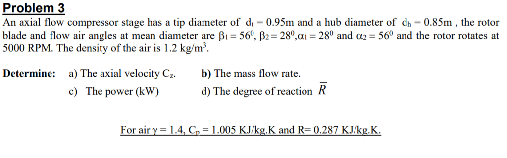 Solved Problem 3 An axial flow compressor stage has a tip | Chegg.com