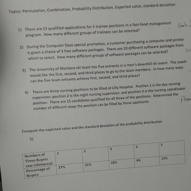 Solved Topics: Permutation, Combination, Probability | Chegg.com