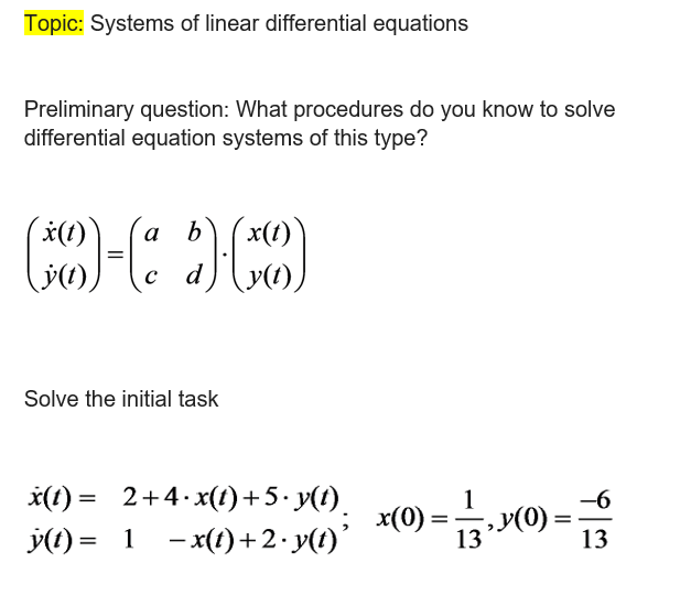Solved Topic: Systems of linear differential equations | Chegg.com