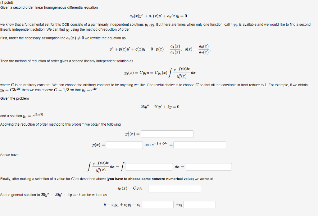 Solved 1 Point Given A Second Order Linear Homogeneous