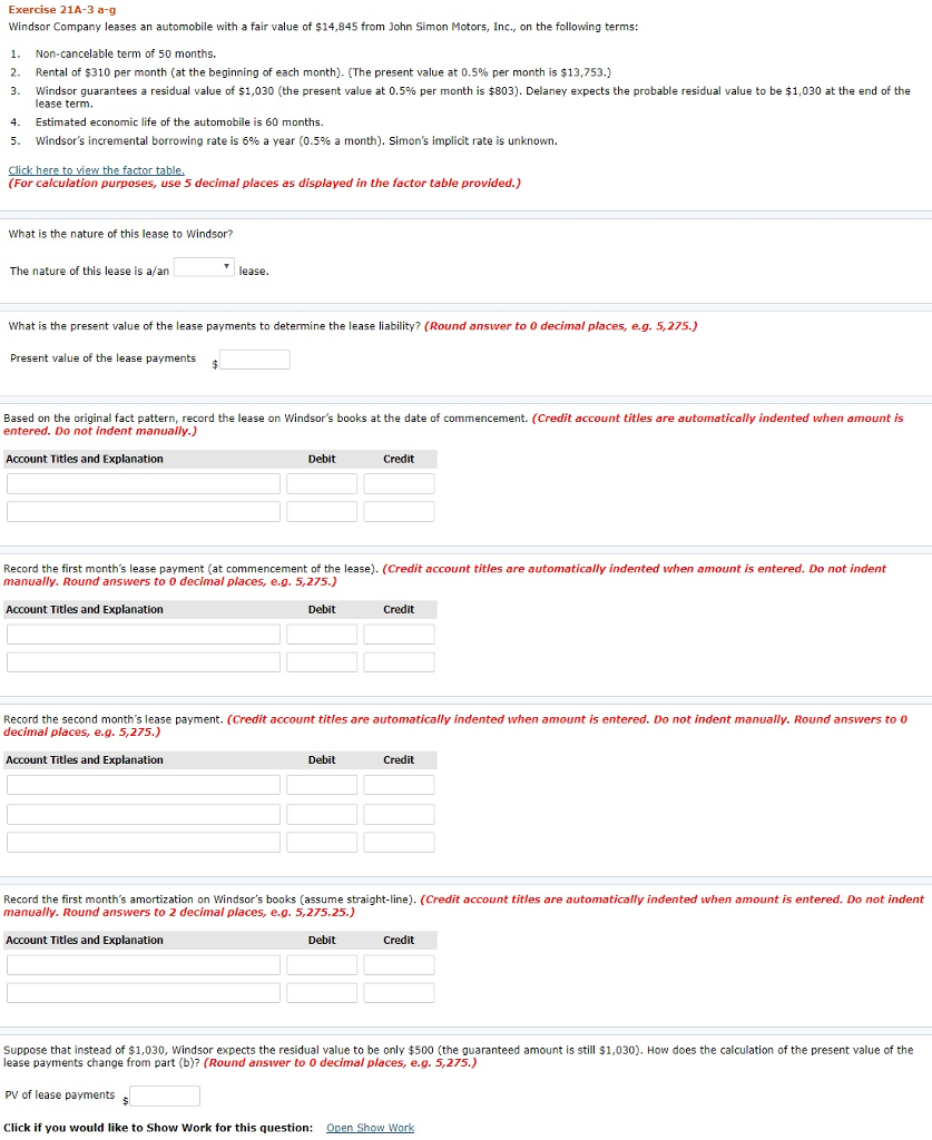 Solved Exercise 21A-3 a-g Windsor Company leases an | Chegg.com