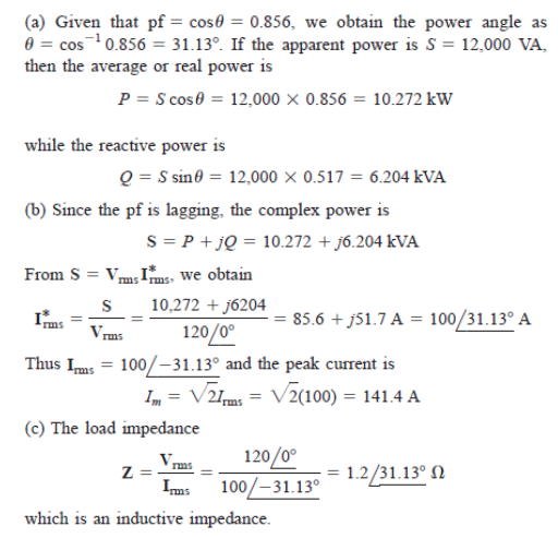Solved A load Z draws 12 kVA at a power factor of 0.856 | Chegg.com