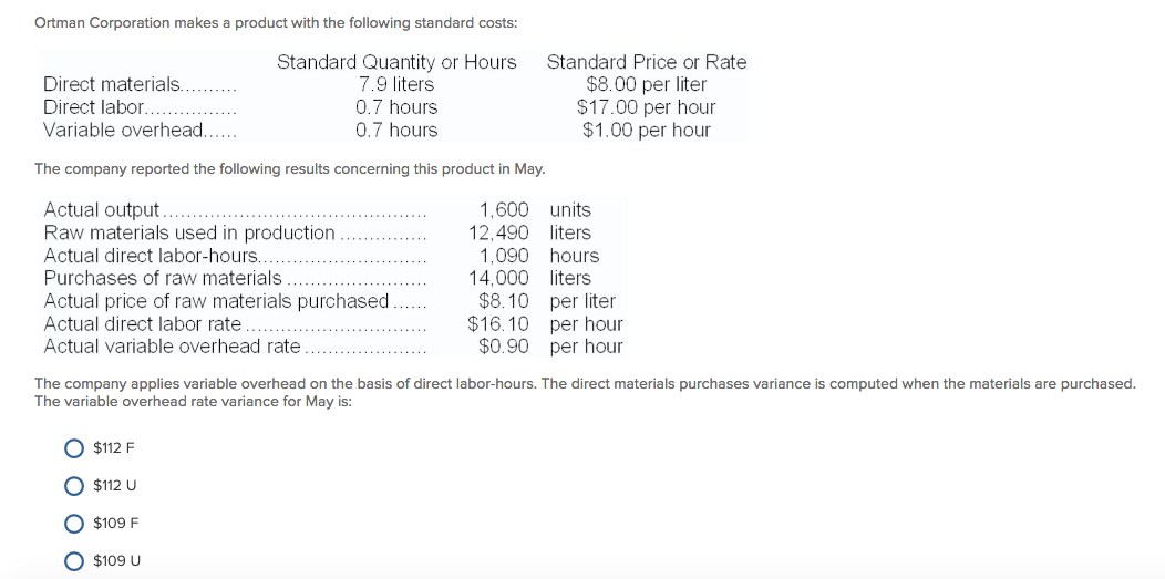 Solved Ortman Corporation makes a product with the following | Chegg.com