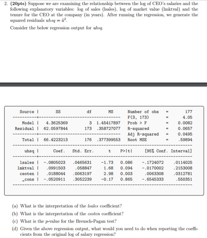 Solved 2. (20pts) Suppose we are examining the relationship | Chegg.com