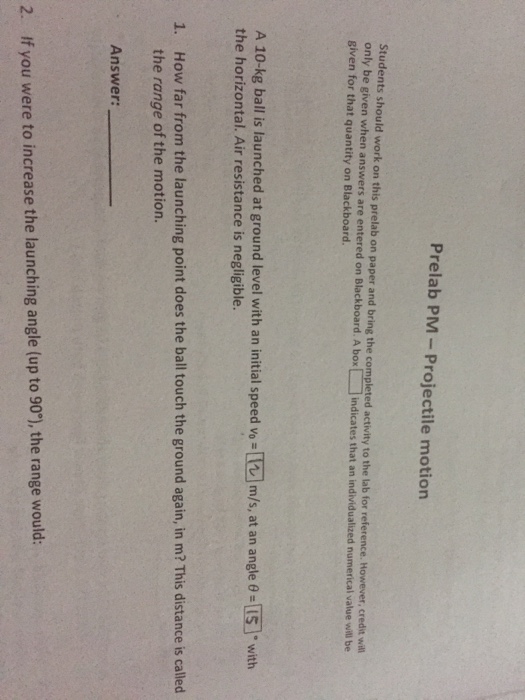 Solved Prelab PM-Projectile motion Students should work on | Chegg.com