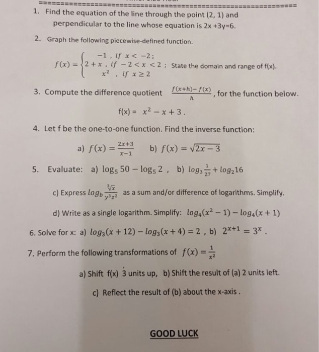 Solved Find the equation of the line through the point (2,1) | Chegg.com
