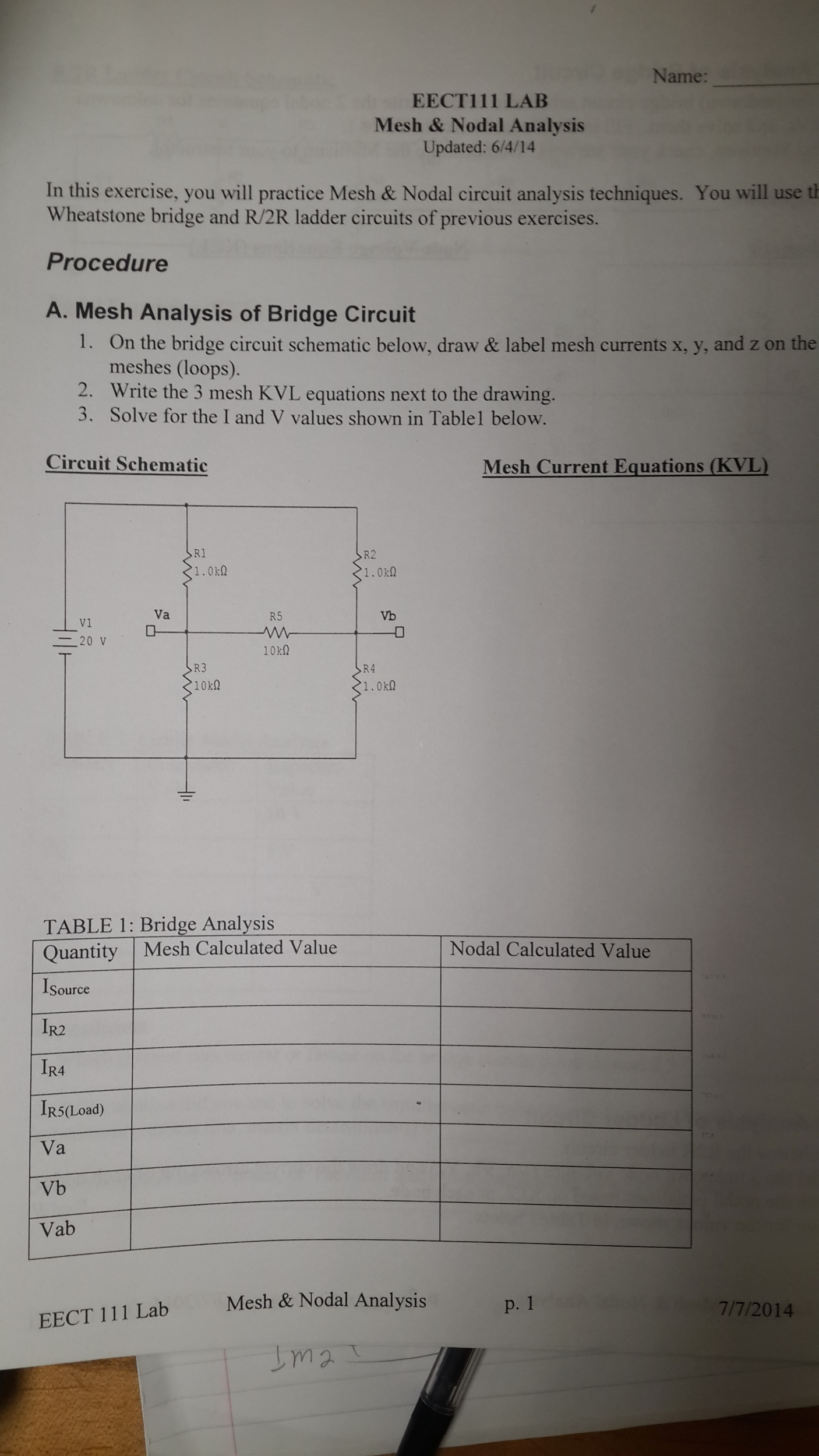 Solved EECTlll LAB Mesh & Nodal Analysis Updated: 6/4/14 | Chegg.com