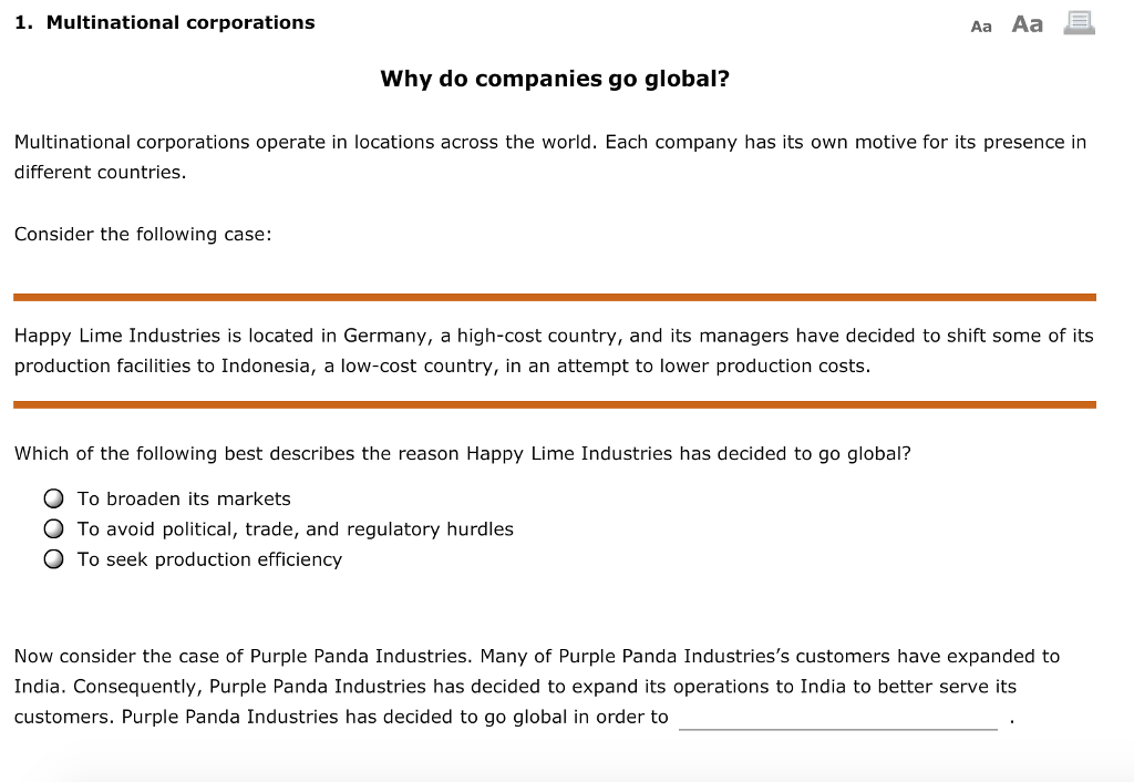 Solved 1. Multinational corporations Aa Aa Why do companies | Chegg.com