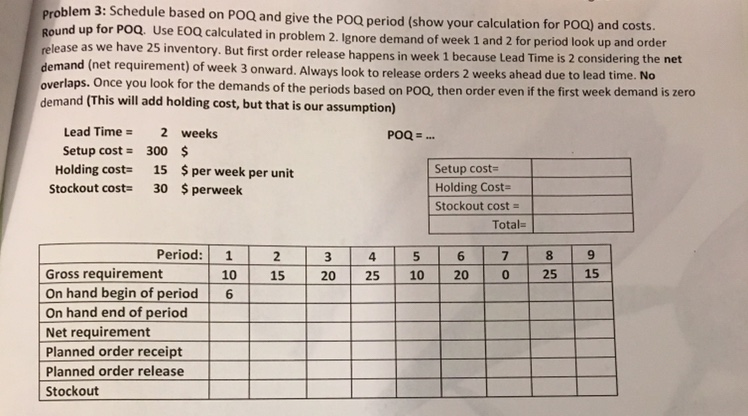 Solved Problem 3: Schedule based on POQ and give the POQ | Chegg.com