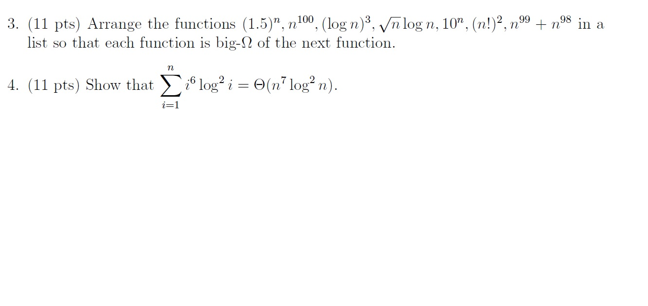 Arrange the functions (1.5)n, n100, (log n)3, n log | Chegg.com